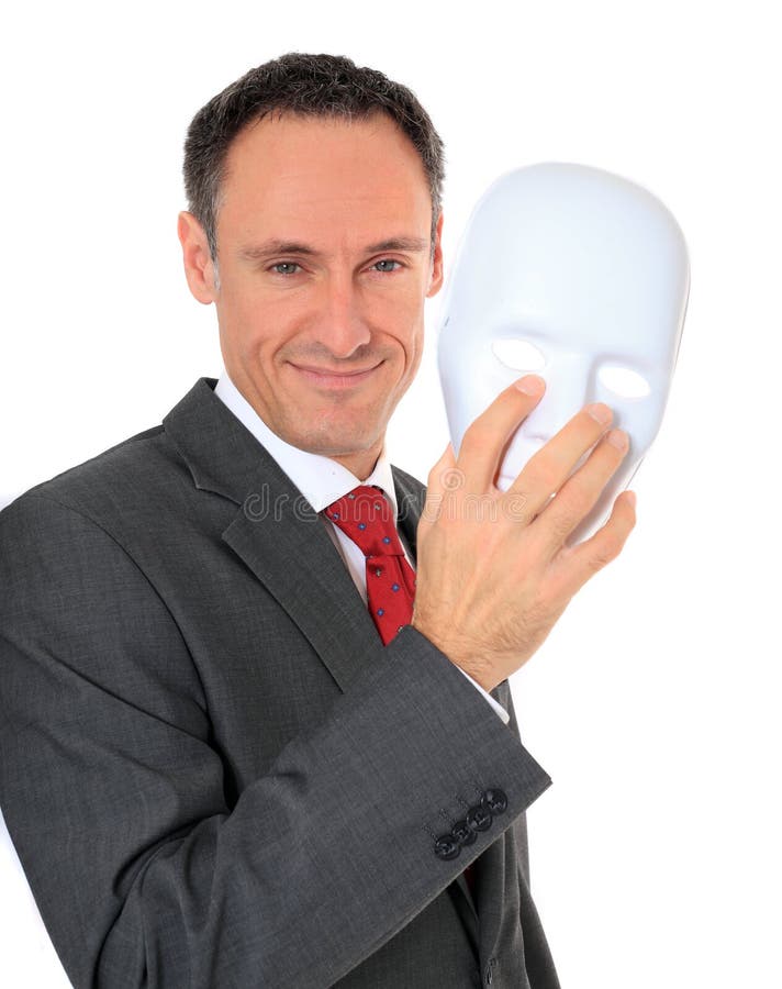 Businessman Takes Off White Mask Stock Image - Image of isolated, white ...