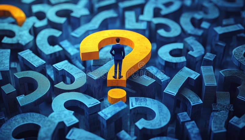 Businessman Taking Charge on a Big Yellow Question Mark Surrounded by ...