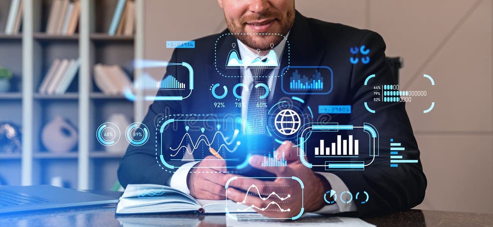 Businessman Taking Notes and Using Smartphone, Digital Dashboard and ...