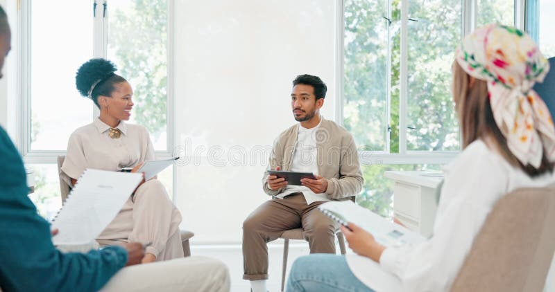 Businessman, Talking or Answer Hands in Workshop, Training or Diversity ...