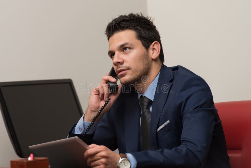 Businessman Talking on Telephone and Using Computer Stock Photo - Image ...