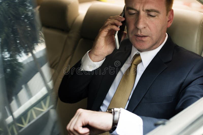 Businessman Talking Using Phone Car Inside Stock Image - Image of ...