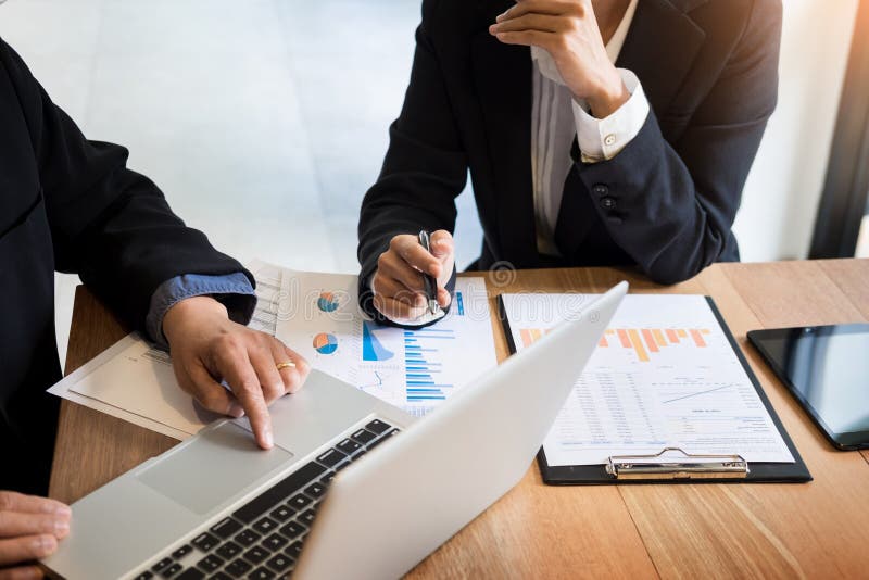 Businessman Team Working at Office Desk and Using a Digital Comp Stock ...