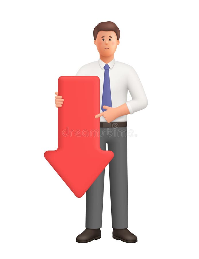 Businessman Ted Holding Big Red Arrow Pointing Down. Financial Loss ...