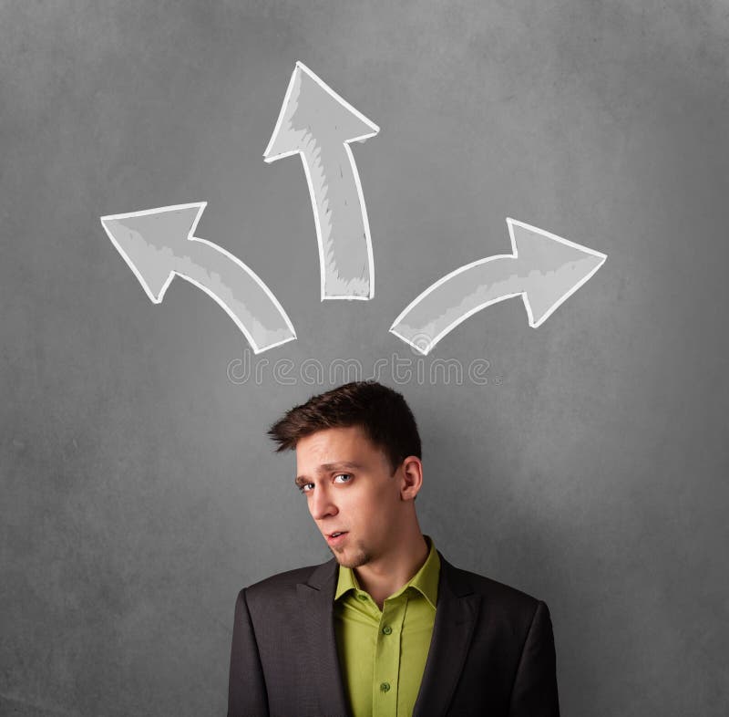 Businessman Thinking With Arrows Above His Head Stock Photo - Image of ...