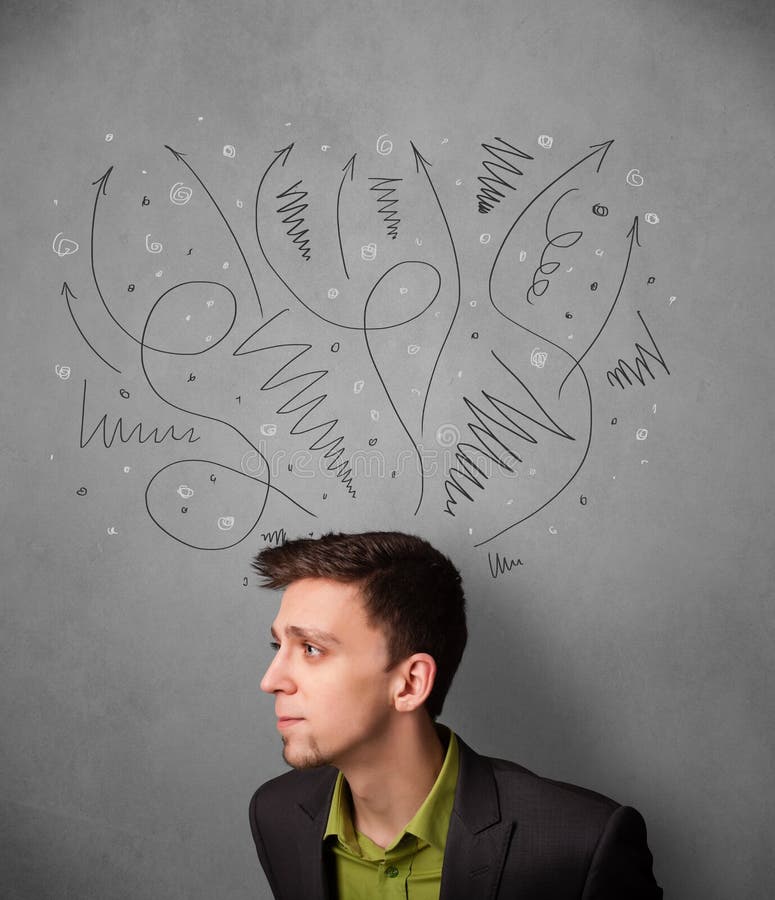 Businessman Deciding with Arrows Above His Head Stock Image - Image of ...