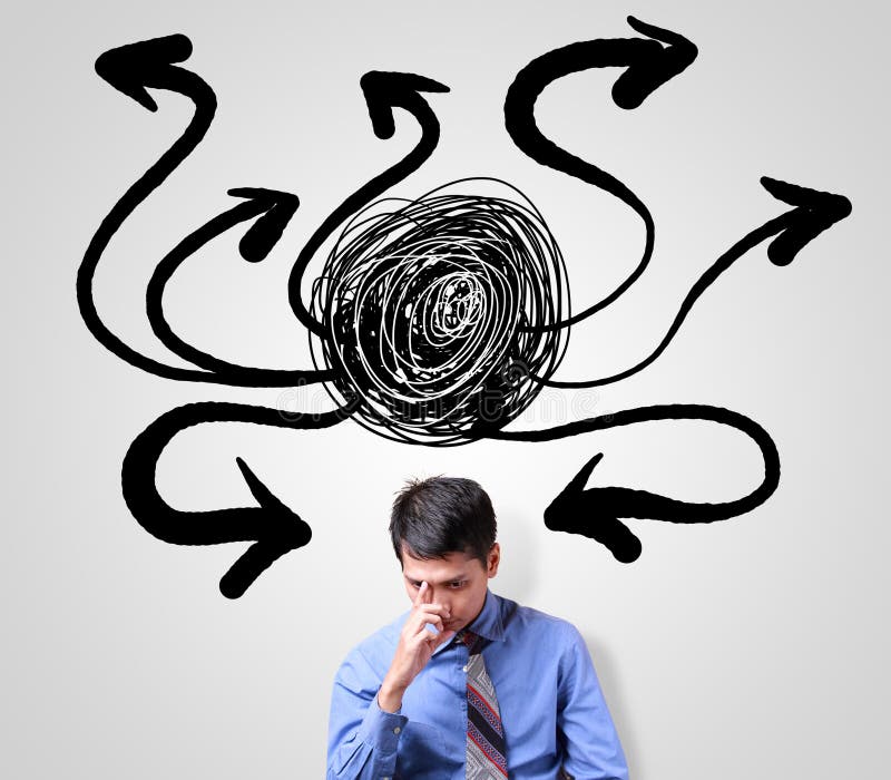 Businessman Thinking with Arrows Pointed in Different Directions Stock ...