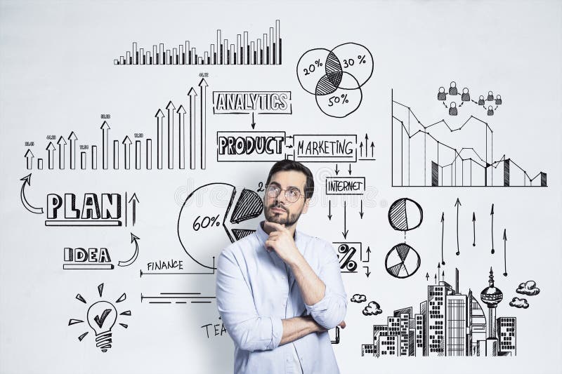Businessman Thinking in Front of a Creative Business Plan and Diagrams ...