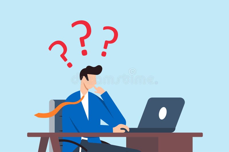 Businessman Thinking on Laptop with Question Mark of Doubt Stock ...