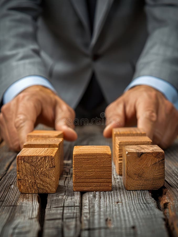 Businessman Thoughtfully Arranges Five Wooden Blocks on Rustic Table in ...