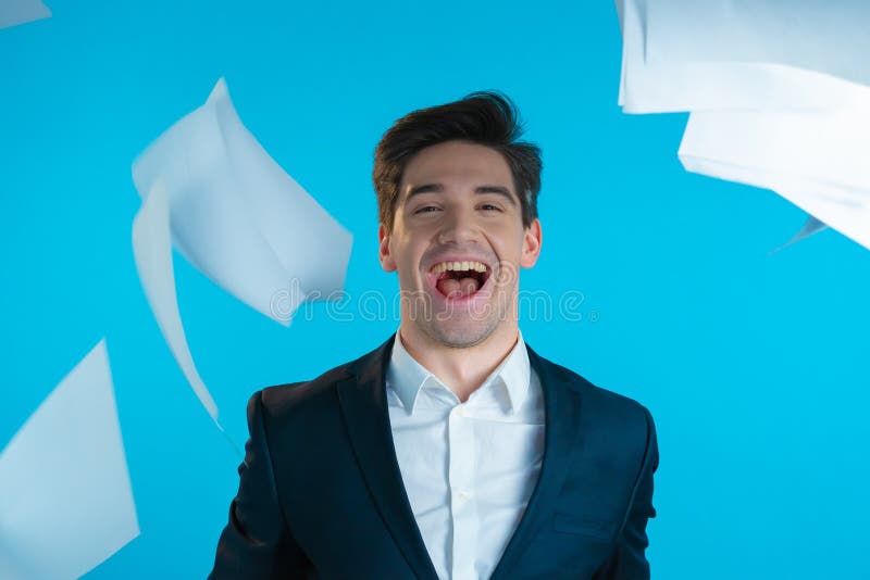 Businessman Throwing Papers Documents into Air and Celebrates Success ...