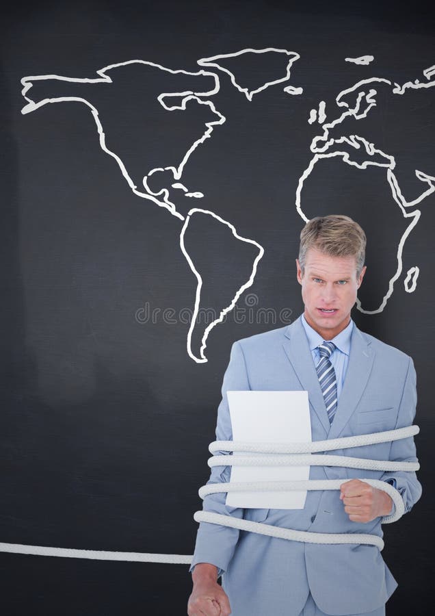 Businessman Tied Up in Rope Against World Map Stock Image - Image of ...
