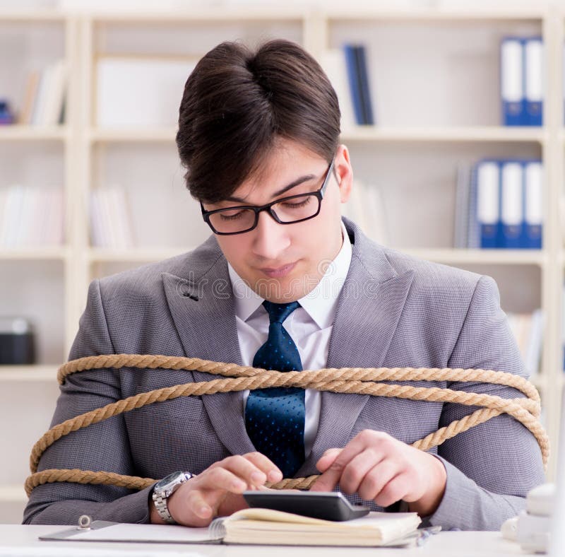 Businessman Tied Up with Rope in Office Stock Image - Image of gold ...