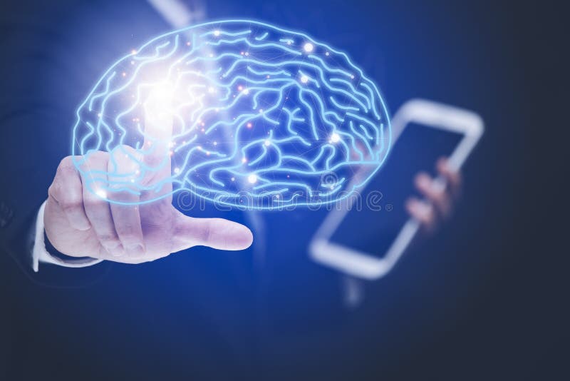 Businessman Touch Brain Icon and Line Control in Graph Screen Icon of a ...