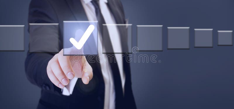 Businessman Touch and Click Check Sign on Transparent Sccreen Stock ...
