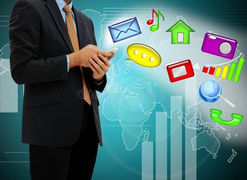 Businessman Touch Mobile Phone Stock Photo - Image of media ...