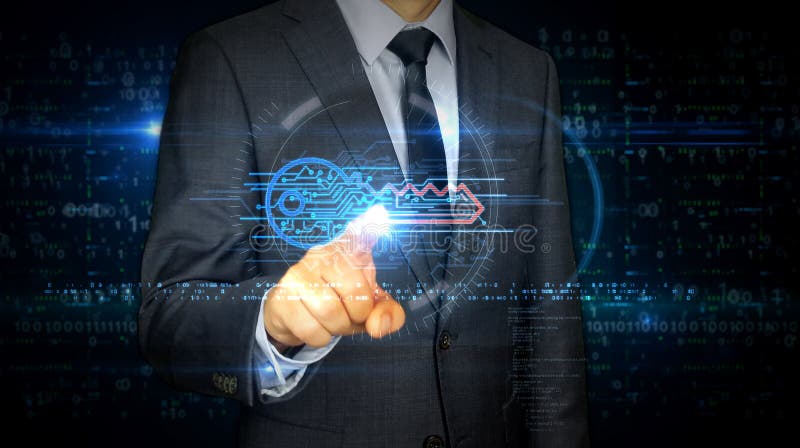 Businessman Touch Screen with Cyber Key Symbol Hologram Stock Photo ...