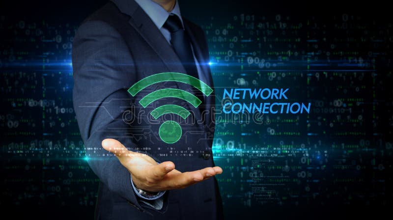 Businessman Touch Screen with Wi-fi Hologram Stock Photo - Image of ...