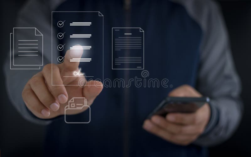 Businessman Touch To Sign Electronic Documents with Virtual Screen on ...