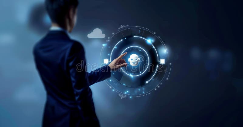 A Businessman Touch with a Virtual AI Chatbot Icon on a Digital Screen ...