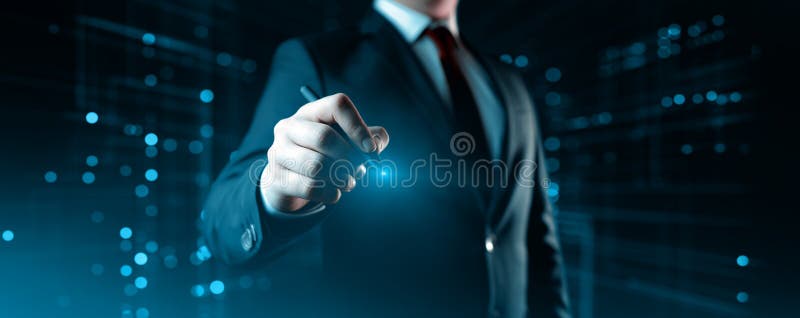 The Businessman Touch Virtual Screen. Man Presses Virtual Button Stock ...