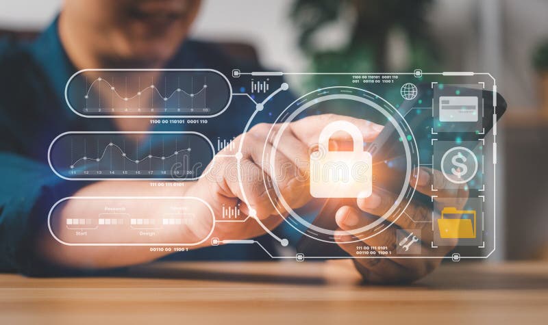 Businessman Touch a Virtual Screen To Unlock and Access Information and ...