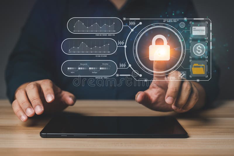 Businessman Touch a Virtual Screen To Unlock and Access Information and ...
