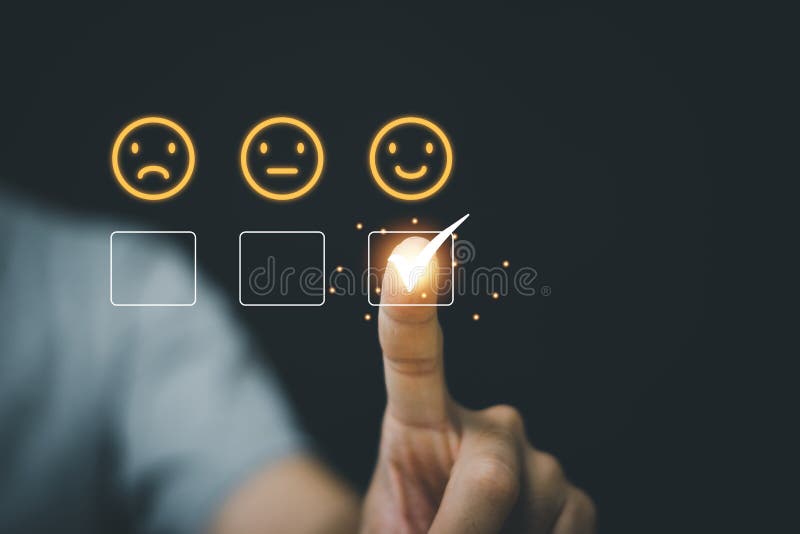 Businessman Touch Virtual Touch Screen, Select Smiley Face Emotion ...