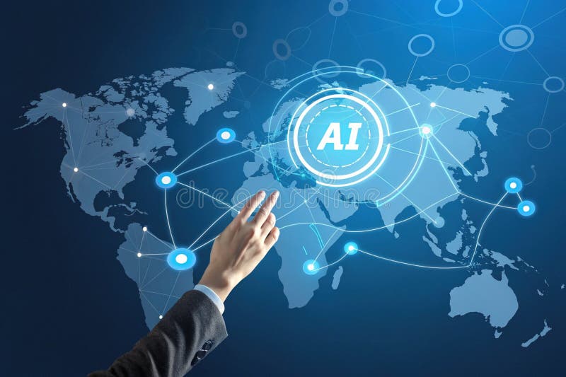 Businessman Interacting with AI Icon, Showcasing Global Network and ...