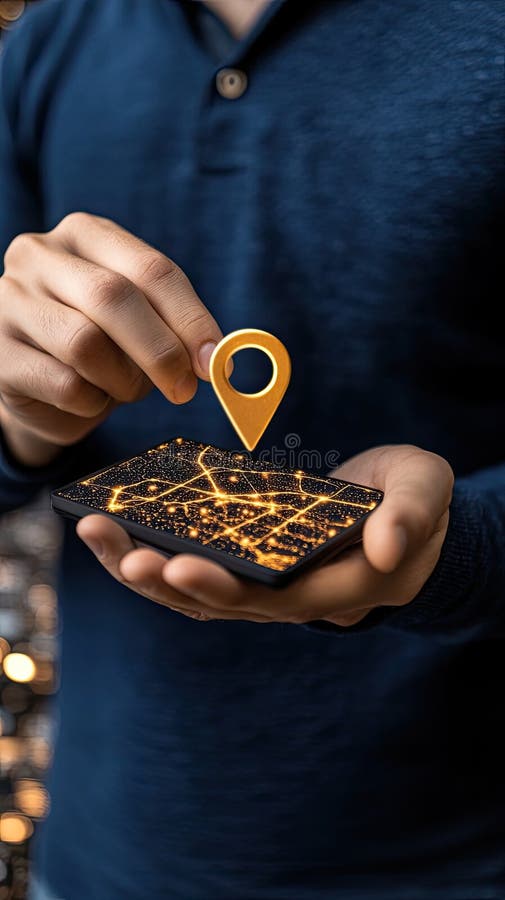 A Businessman Touches a Digital Location Icon on a Virtual Screen ...
