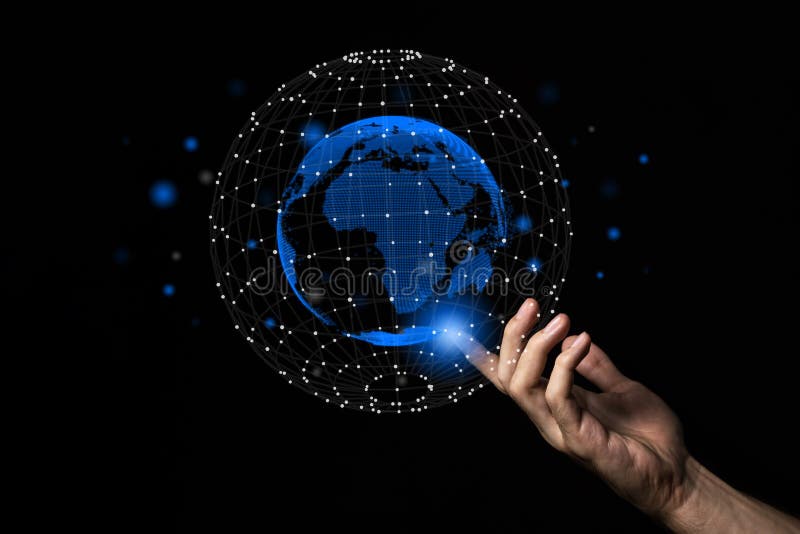 The Businessman Touches the Projection of the Planet. Stock Photo ...