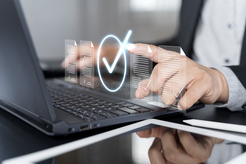 Businessman Touching Approved Document Icon on Digital Documents for ...
