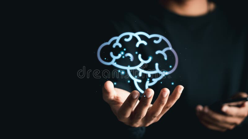 Businessman Touching Brain in Hand on Modern Virtual Interface ...