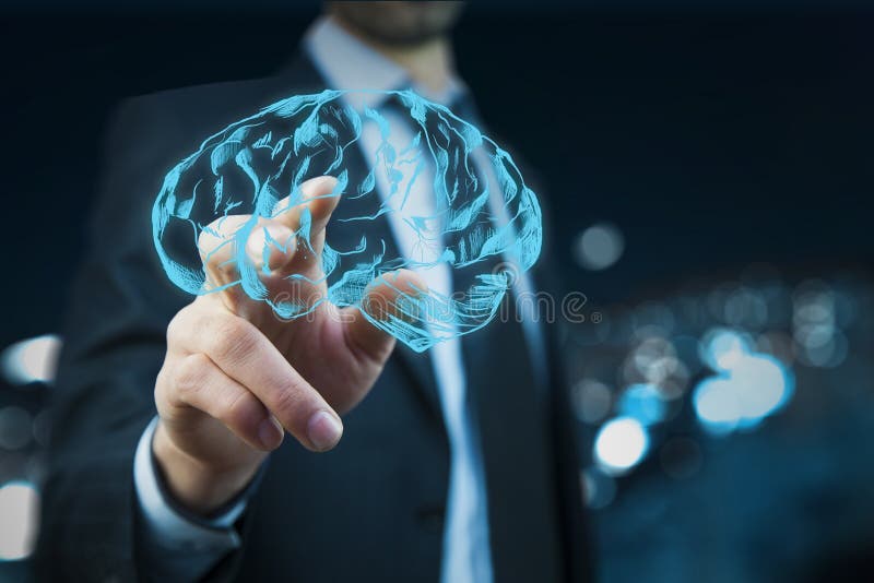 Man Touching a Brain Icon- Artificial Intelligence Stock Image - Image ...
