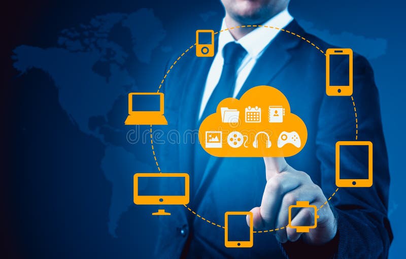 Businessman Touching a Cloud Connected To Many Objects on a Virtual ...