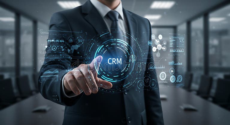 Businessman Touching Crm Interface with Data Visualization in a Modern Office Stock Illustration ...