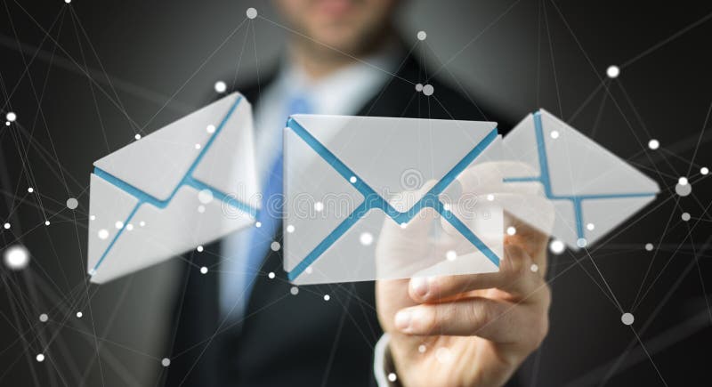 Businessman Touching 3D Rendering Flying Email Icon with a Digit Stock ...