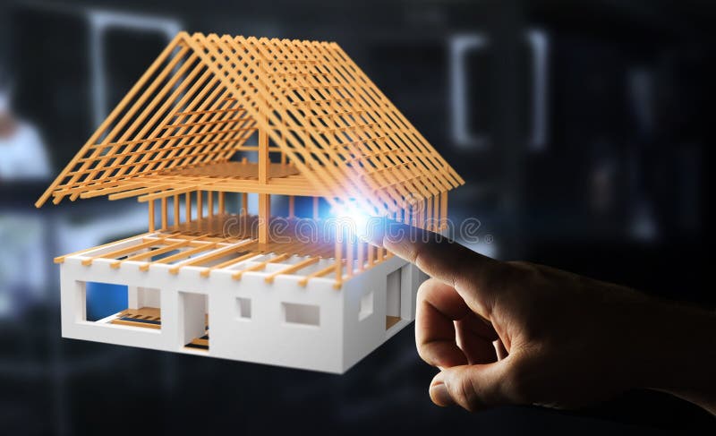 Businessman Touching 3D Rendering Unfinished Plan House with His Stock ...