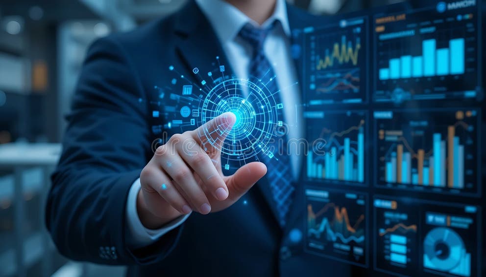 Businessman Touching Digital Interface with Data Charts for Innovative ...