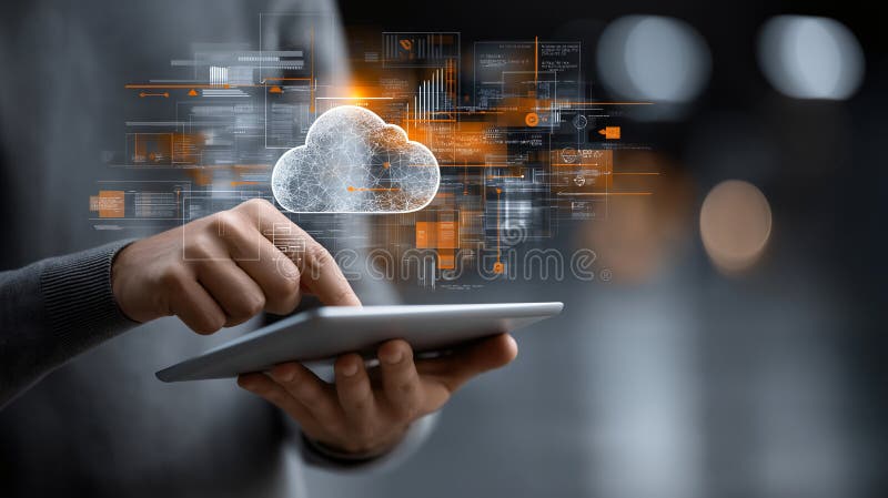 Businessman Touching Digital Tablet with Cloud Computing and Data ...