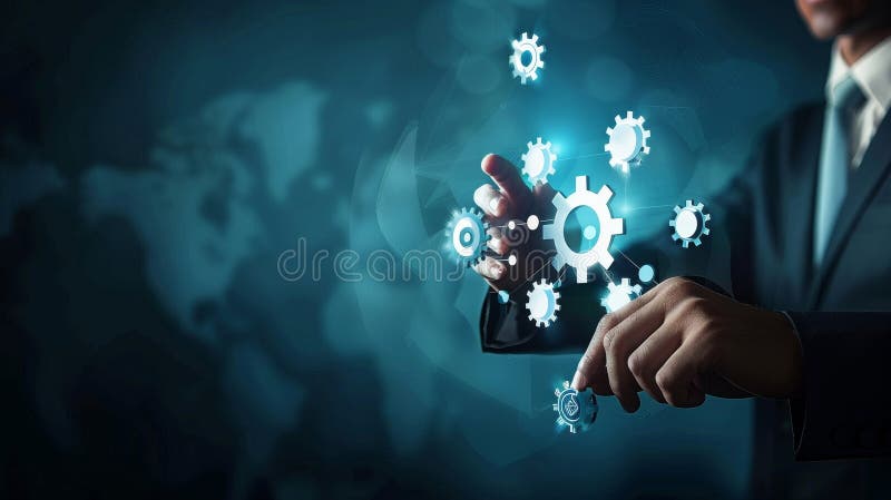 A Businessman Touching a Digital Technology Interface with Cogwheels ...