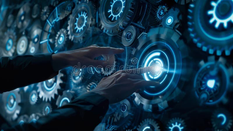 A Businessman Touching a Digital Technology Interface with Cogwheels ...