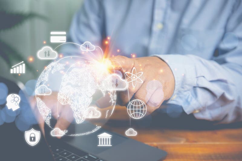 Businessman Touching on Global Internet Connection on Virtual Screen ...