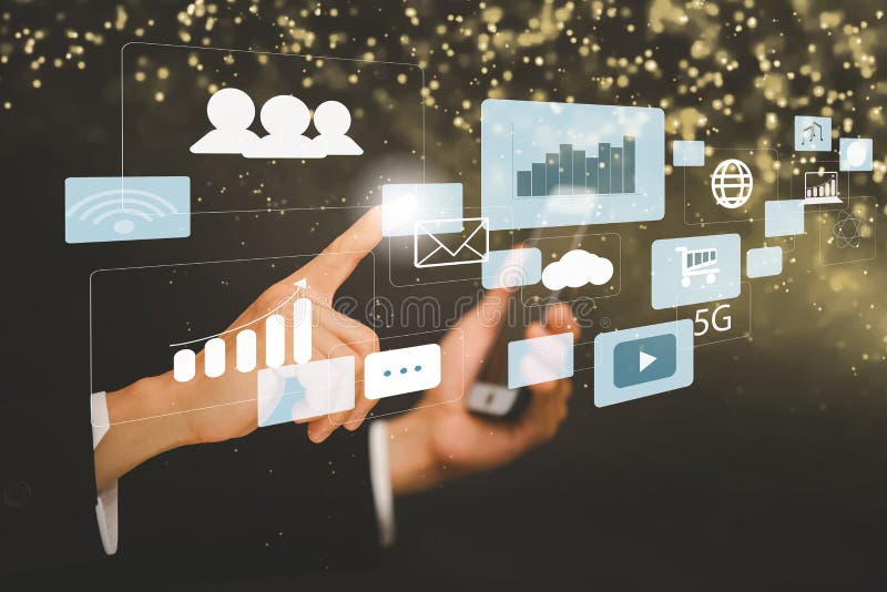 Businessman Touching in Graph Screen Icon of a Media Screen, Technology ...