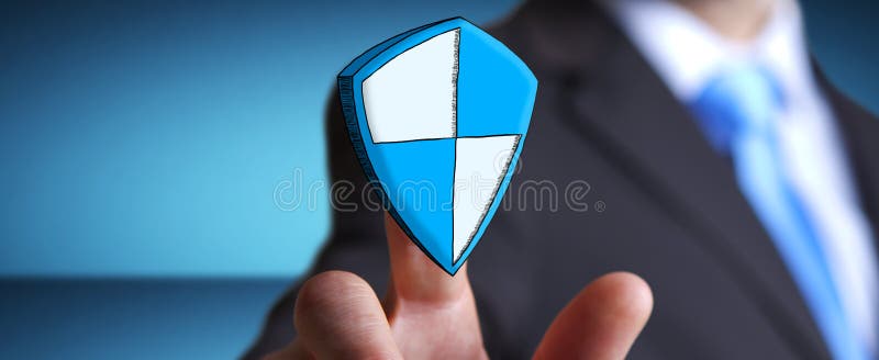 Businessman Touching Hand Drawn Shield Safe Protection Icon Stock ...