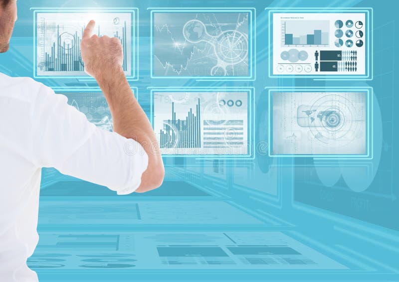 Businessman Touching and Interacting with Technology Interface Panels ...