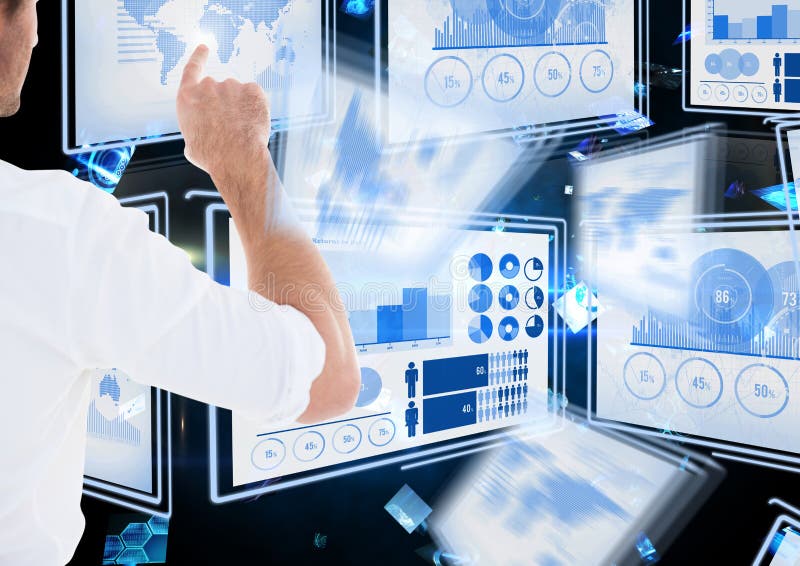 Businessman Touching and Interacting with Technology Interface Panels ...