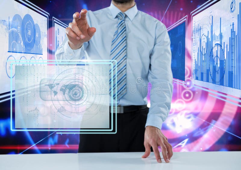 Businessman Touching and Interacting with Technology Interface Panels ...