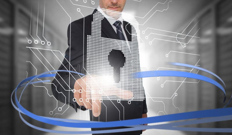 Businessman Touching Lock on Futuristic Interface with Swirling Lines ...