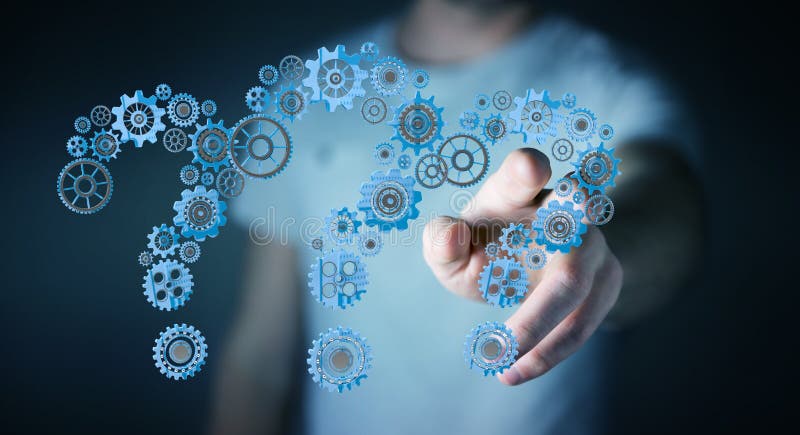 Businessman Touching Question Marks Gear 3D Rendering Stock ...